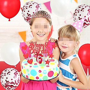 6th Birthday Decorations for Girls, Birthday Princess Crown Queen Tiara, It's My 6th Birthday Sash, 6 Year old Birthday Cake Topper, Number Candles Balloons Set for Birthday Party Supplies, Red