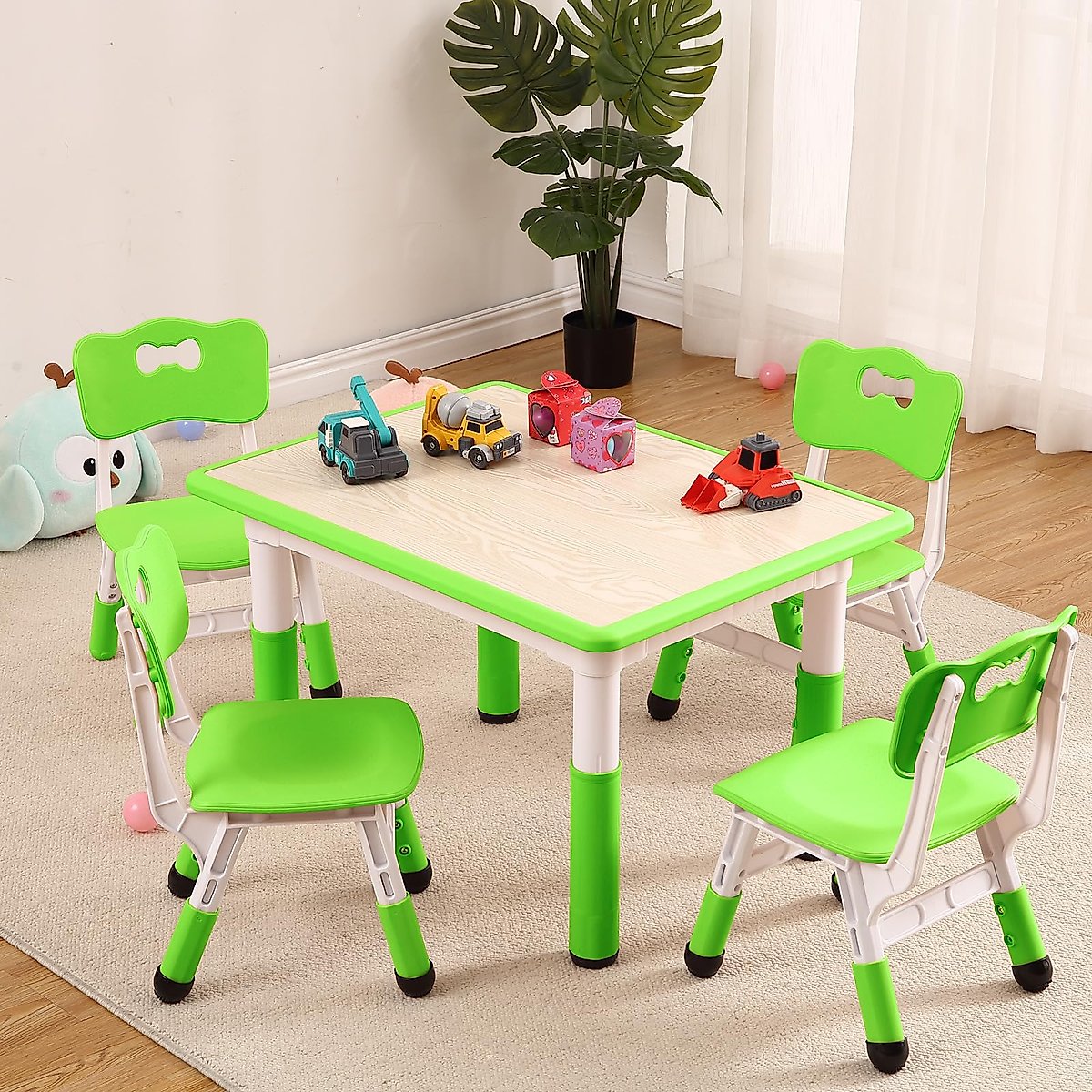 GarveeHome Kids Table and 4 Chairs Set, Toddler Height Adjustable Desk with Graffiti Desktop, Non-Slip Legs, Max 300lbs,Arts & Crafts Table，Children Multi-Activity Table for Classrooms,Home,Daycares