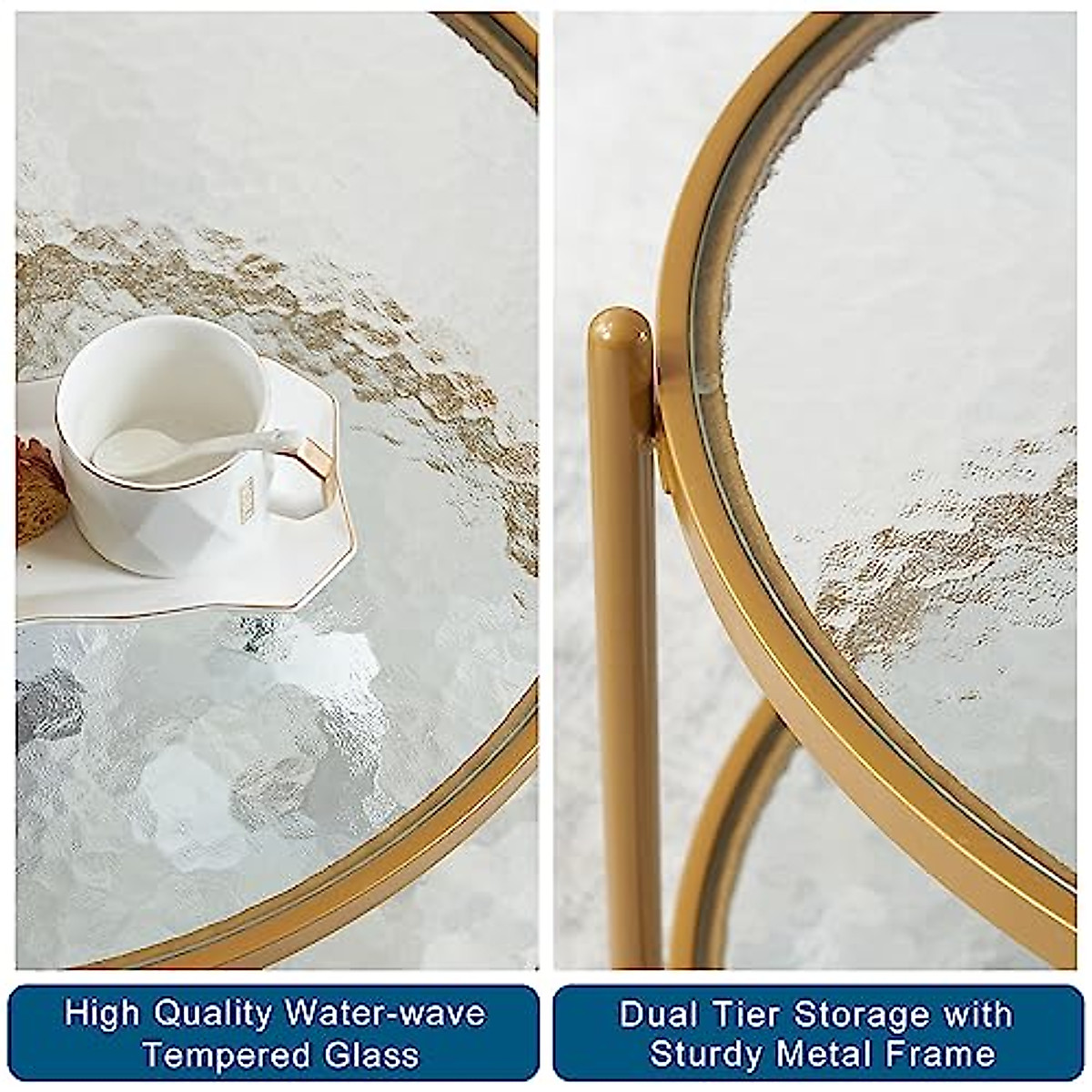 VINGLI 25.6" Small Matte Gold Round Coffee Table Water-Wave Glass Circle Clear Coffee Table, Center Table with 2-Tier Modern Storage Design for Living Room, Bedroom, Meeting Room, Balcony, Patio