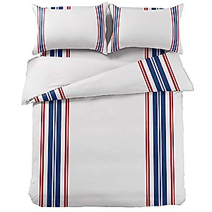 Independence Day California King Duvet Cover Set 4 Pieces Blue Red Striped Print Bedding Sets, Soft Microfiber Quilt Covers with Zipper Closure and 1 Bed Sheets 2 Pillow Shams Minimalist Lines White