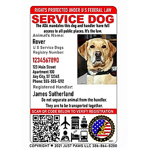 Just 4 Paws Custom Service Dog ID Card with QR Code & Security Seal and Optional Holograph | Registration to U S Service Dogs Registry Plus ID Holder & Digital ID - Portrait Style