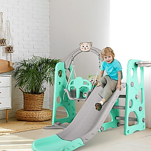 Arlopu Toddler Slide and Swing Set, 4 in 1 Kids Play Climber Slide Playset w/Basketball Hoop Extra Long Slide Extra Ball, Baby Swing for Indoor Outdoor Playground, Easy Set-Up, 3 Years Old (Fiery)