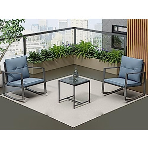 Pyramid Home Decor 3 Piece Rocking Bistro Set - Synthetic Wicker Outdoor Furniture - Glass Coffee Table with 2 Chairs for Balcony, Patio & Porch - Black Metal, Soft Cushions (Gray)