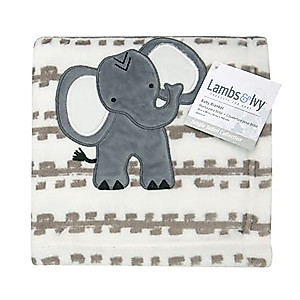 Lambs & Ivy Jungle Safari White/Tan Plush Minky Elephant Nursery Baby Blanket