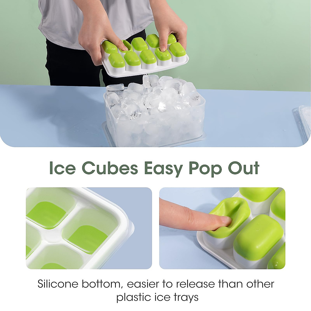 DOQAUS Ice Cube Tray with Lid and Bin, Silicone & Plastic Ice Cube Trays for Freezer with Ice Box, 4 Pack Ice Trays with Ice Container, Stackable Ice Tray with Storage Ice Bucket Bin, Ice Tong & Scoop