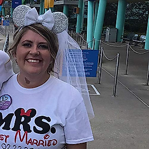 CLGIFT Bride Minnie Ears Headband, White Veil Bride Minnie Ears, Honeymoon Ears, Wedding Ears, Bachelorette Party Ears (Silver & White)