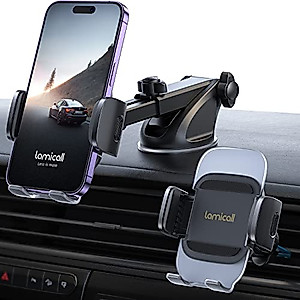 Lamicall 2023 Dashboard Car Phone Mount Holder - [Acrylic Clamp Design] 3in1 Long Arm Car Cell Phone Mount, Super Suction Cup, Automobile Dashboard Windshield Vent Accessories Cradle for All iPhone
