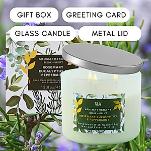 Rosemary Eucalyptus & Peppermint Scented Candle with Lavender & Thyme, Refreshing Stress Relief Aromatherapy Candle 3-Wick 15.8 oz, Strong Eucalyptus Mint Candles for Home Scented, Natural Soy Candles