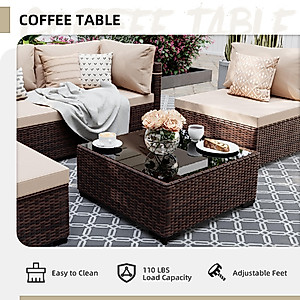UPHA 5 Pieces Patio Furniture Sets Outdoor Sectional Sofa Wicker Conversation Couch for Decks, Backyards, Gardens, Brown Rattan, Beige Cushion