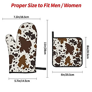 Feartdiy Oven Mitts and Pot Holders Sets of 4,Cow Leather Brown Print Heat Resistant Kitchen Cooking Oven Gloves and Potholders for BBQ Baking Grillin, One Size