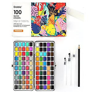 Grabie Watercolor Paint Set, Watercolor Paints, 100 Colors, Painting Set with Water Brush Pens and Drawing Pencil, Great for Kids and Adults, Art Supplies, Perfect Starter Kit for Watercolor Painting
