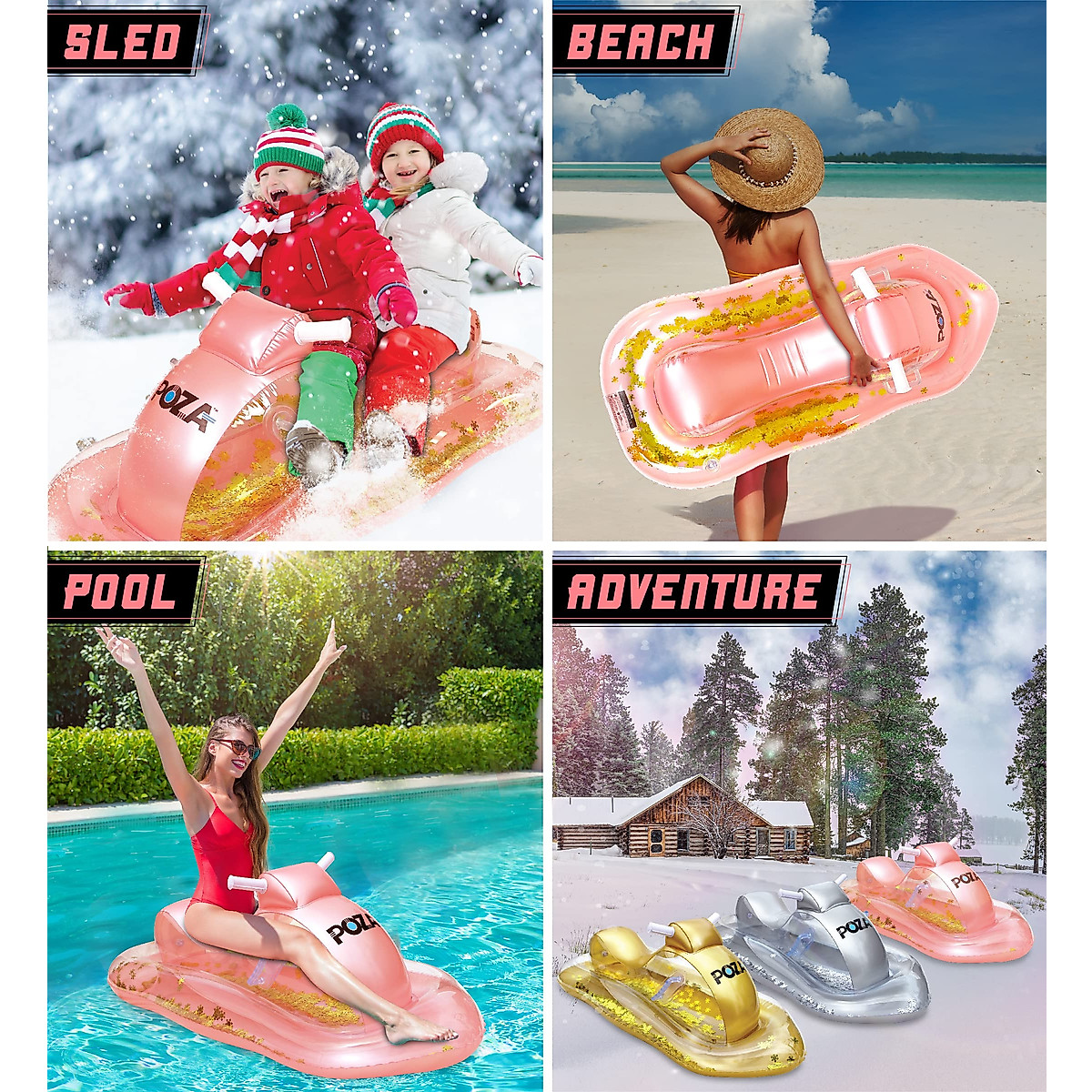 POZA Inflatable Rose Gold Snowmobile Sled - Luxurious Snow Sled with Handles filled with Gold Snowflake Confetti, Premium Cold Resistant PVC Heavy Duty Sled, Ski Sled for Adults and Kids - 51 Inches