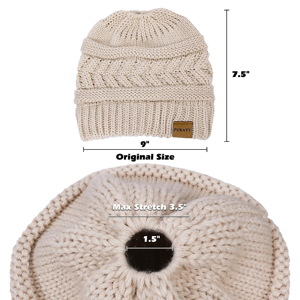 Pukavt 1 Pack Winter Hat Ponytail Beanie Hat for Women, Soft Stretch Cable Knit Messy Bun Beeanie,Trendy and Warm Beige