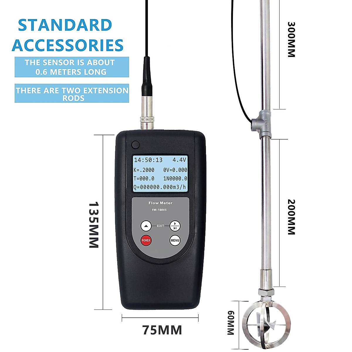 FM-100V5 Portable Velocity Flow Meter Flowmeter Water Velocity Meter Speed Range 0.01~5.00 m/s Temperature Range -10℃~50℃