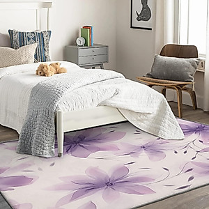 Lavender Floral Rug 5x8 Area Rugs for Bedroom Living Room, Purple Lavender Area Rug, Modern Carpet Machine Washable Non-Slip Large Rug, Soft Low Pile Area Rug, Indoor Decorative Rug f&cz80