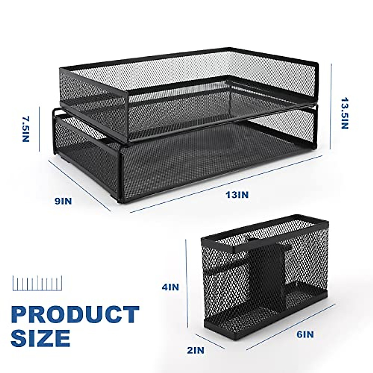 ProAid Paper Letter Tray Organizer with 2 Pen Holders, 2 Tier Stackable Desktop File Organizer, Mesh Office Supplies Desk Organizer, Black