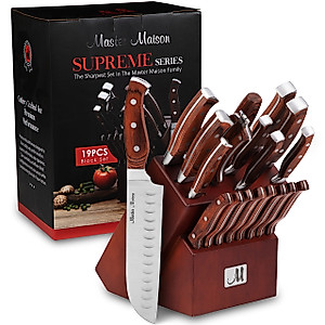 Master Maison Walnut Kitchen Knife Set With Knife Block & Bonus Cleaver | German Stainless Steel Knives With Knife Sharpener & 8 Steak Knives | Butcher Block Knife Sets For Kitchen