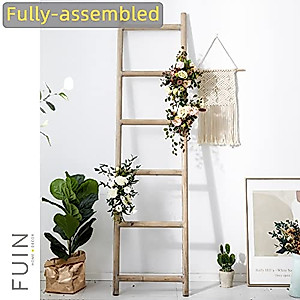 FUIN 6ft & 5ft Wood Decorative Wall Leaning Blanket Ladders Bathroom Storage Quilt Towel Display Rack Shelf Holder Rustic Farmhouse, Brown