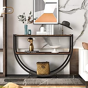 GINGVAT Semilune Shape Metal Distressed Support Console Table with Rustic Industrial Design and 2 Tiers Large Storage Space Textured Wood Book Shelves,Brown