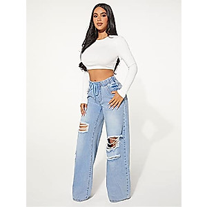 Floerns Women's Drawstring Waist Cut Out Ripper Wide Leg Denim Pants Jeans Light Blue M
