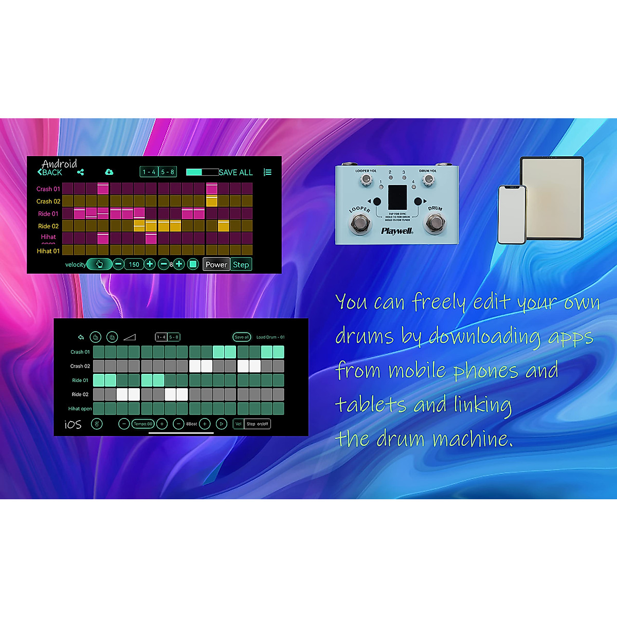 Playwell Drum Machine Looper with Tuner - 11 Minutes Looper 30 Drums - Link app to customize, edit and share drum codes - two kinds of power supply - Headphone Jack，digital display，LED indicator
