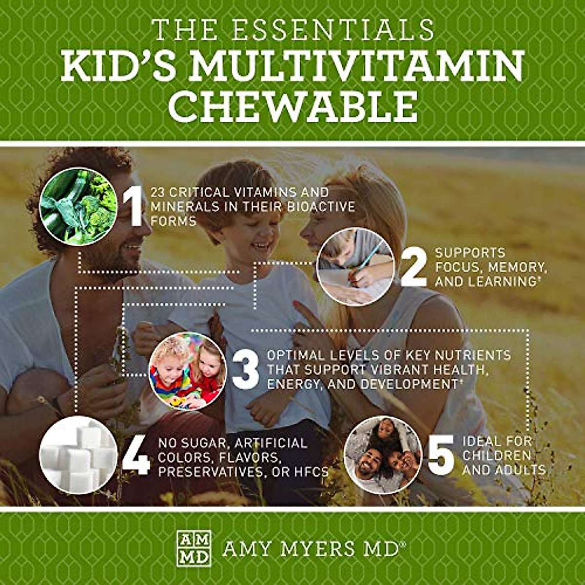 Dr. Amy Myers Kids Multivitamin Chewable for Optimal Health - Activated B Vitamins, Zinc, Selenium, Iodine + More - 23 Vitamins & Minerals, Gluten Free - Berry Flavor, 120 Tablets