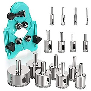 Hole Saw Set,15Pcs Diamond Drill Bits, Tile Hole Saw Kit,Coated Core Drill Bits with Hole Saw Guide Jig Fixture,Adjustable Hole Saw Centering Locator Suction Holder for Glass, Ceramics,Tile 6-50mm