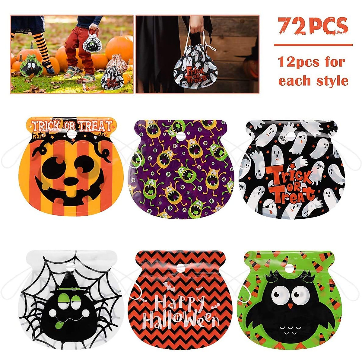 Amosfun 72pcs Halloween Drawstring Treat Bags - Trick or Treat Party Goodie Bags Large Size Candy Bags Halloween Party Favors