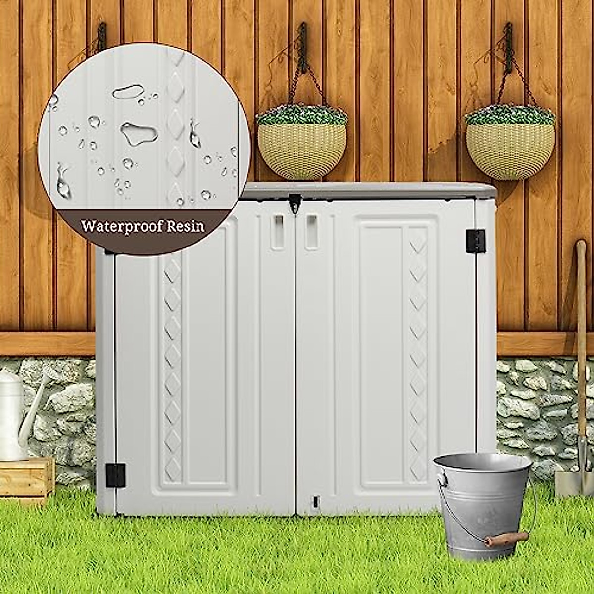 Outvita Outdoor Horizontal Storage Sheds, 34 Cu Ft Weather Resistant Resin Tool Shed, Multi-Opening Door Waterproof & Lockable for Storage of Bike, Trash Cans, Garden Tools, Lawn Mowers