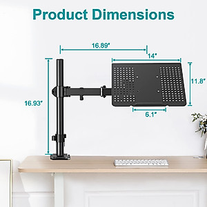 MOUNT PRO Single Laptop Mount with Tray for Laptop up to 17 inches, Holds Up to 17.6lbs, Fully Adjustable Notebook/Laptop Desk Mount Stand, Heavy Duty Laptop Arm Mount with Clamp and Grommet Base