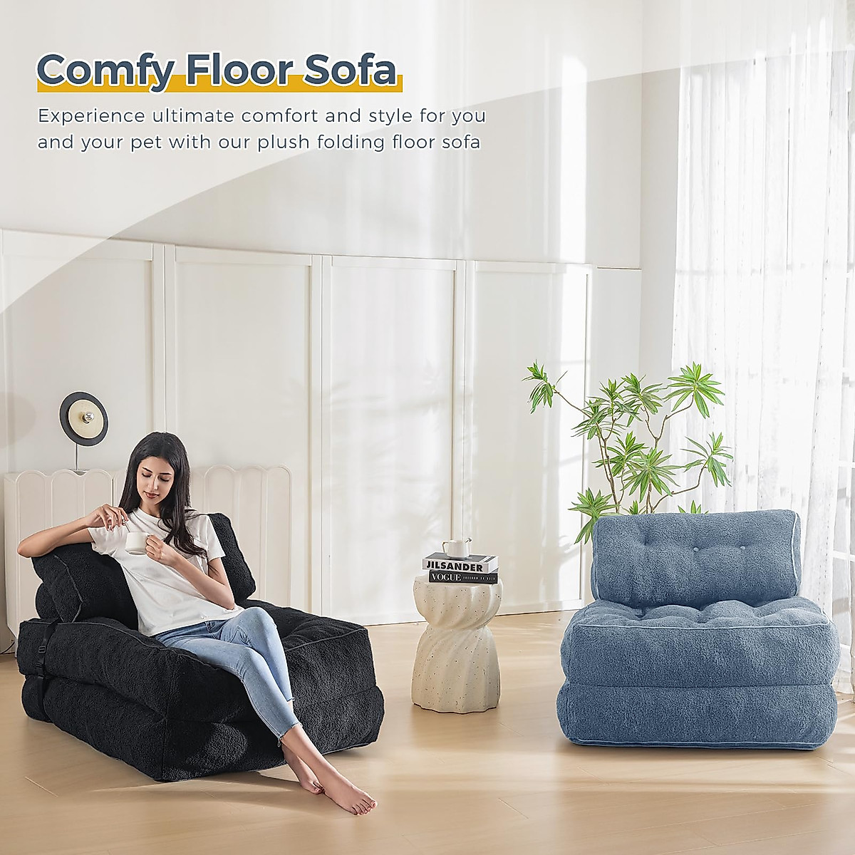 MAXYOYO Folding Sofa Bed, Convertible Sleeper Chair with Pillow Foldable Mattress with Back Support, Portable Fold Out Sofa Couch Fuzzy Fabric Comfy Floor Sofa Lounge for Living Room, Dusty Blue