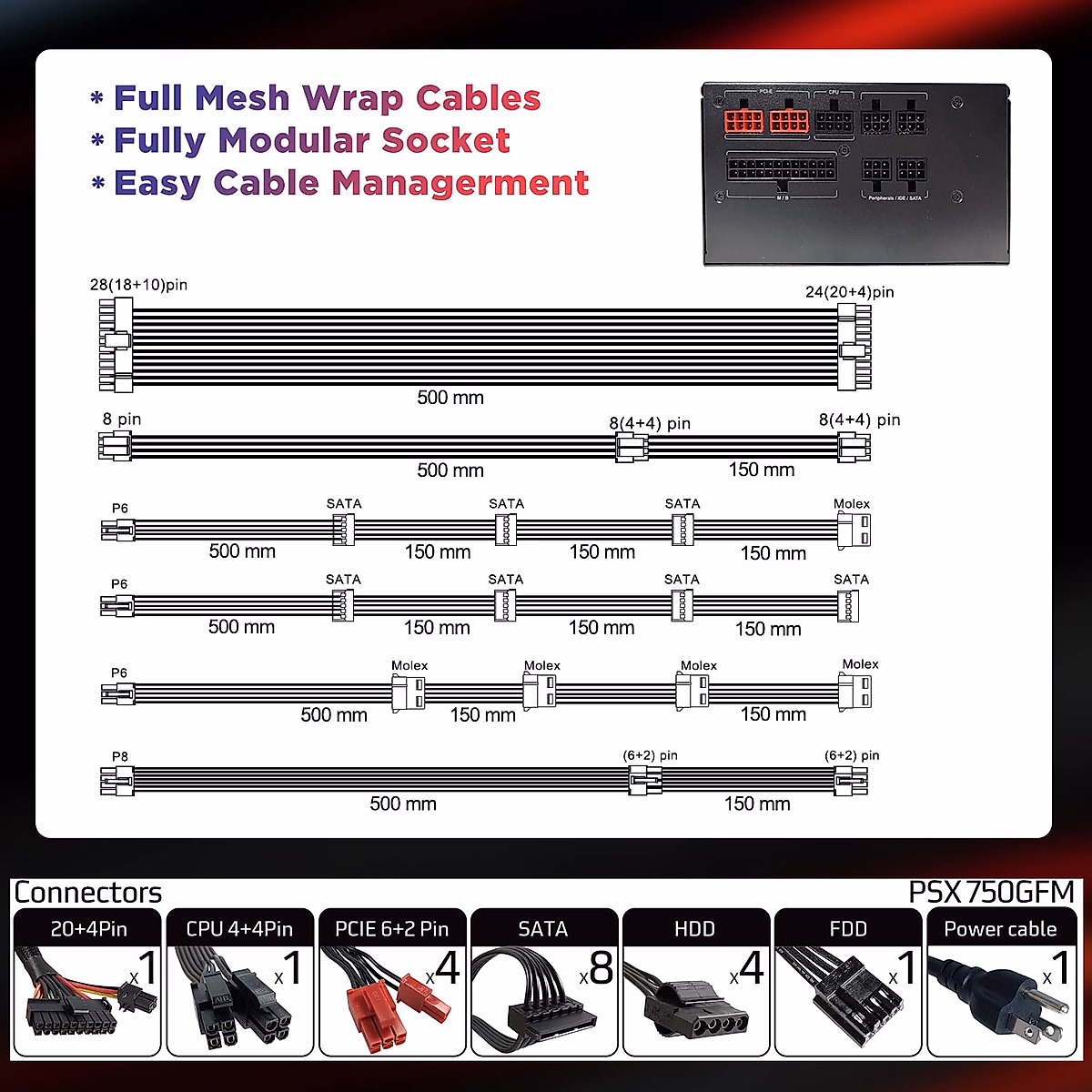 PowerSpec 750 Watt 80 Plus Gold Fully Modular ATX Power Supply Active PFC SLI Crossfire Ready Gaming PC PSU Computer Power Supplies, PS 750GFM