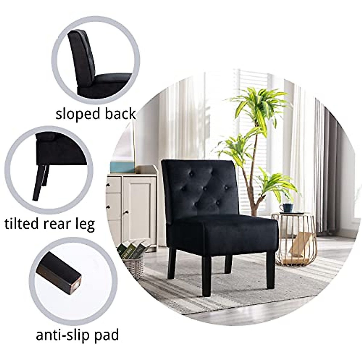 Freemax Velvet Fabric Accent Chair Armless Leisure Side Chair Cute Decorative Slipper Chair Small Tufted Single Sofa Chair for Living Room Bedroom Office Reading Room Nook (Black)