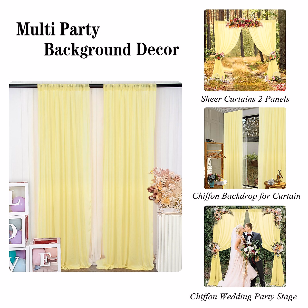 DUOBAO Chiffon Backdrop Curtain 96 Inch Length 2 Panel 29 Inch Width Wedding Backdrop Drapes Yellow Sheer Curtains Panels Tulle Fabric Photography Backdrops for Party