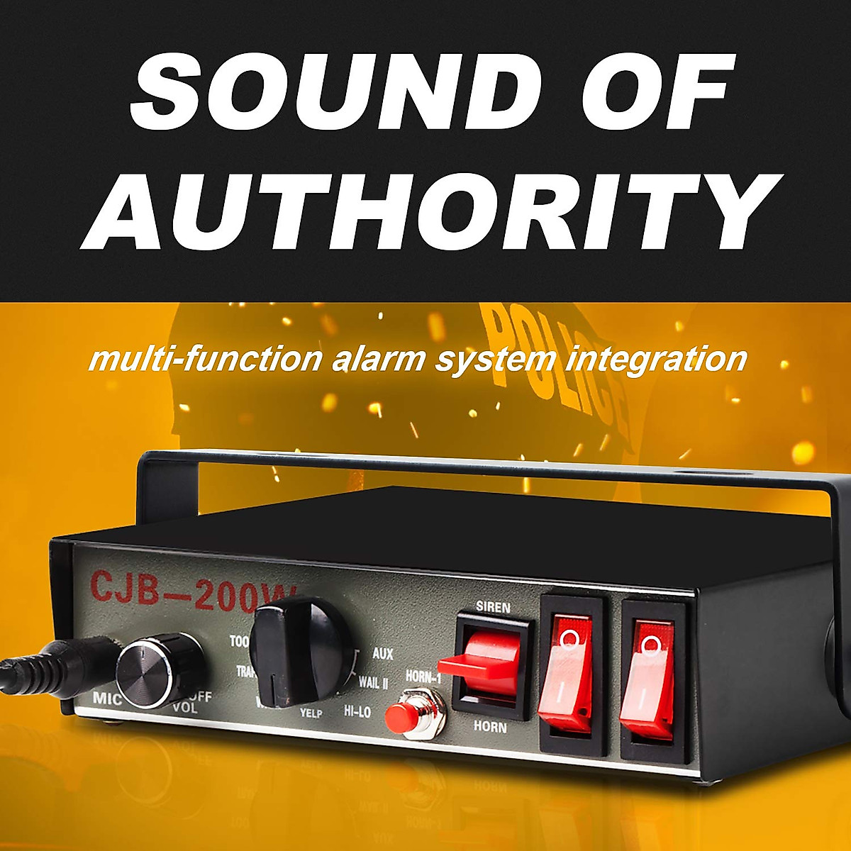 YHAAVALE CJB200P Amplifier Police Siren & Black Plastic Square Speaker,DC12V 200W 9 Tones Wired Handheld Microphone Loudspeaker Emergency Siren Electronic PA System