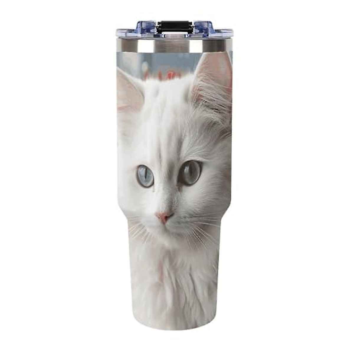 LLUTSNTH 40 Oz Vacuum Tumbler with Light Rose Red Handle Leakproof Insulated Tumbler Cute White Cat Stainless Steel Travel Mug with Lid And Straw Coffee Cup Cute Water Bottles Cup Holder Friendly
