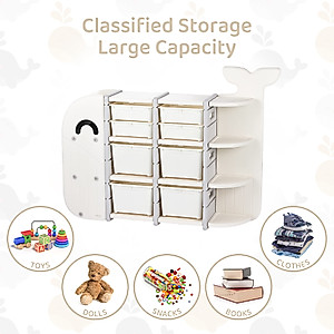 DUKE BABY Kids Large 4 Layer Toy Storage Organizer with 8 Pull-out Storage Bins, Display Bookshelves, Multipurpose Toy Cabinets for Kids Playrooms Bedrooms Age 1-12, Whale Collection White Grey