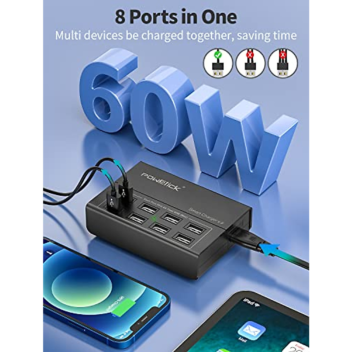 USB Charger Station,Powstick 8 Ports Charging Hub 60W/12A, Included 3 Mixed Cables,Desktop Compact Multi Port USB Charger Compatible Phone, iPad Tablet and Multiple Device(5ft Detachable Cord,Black)