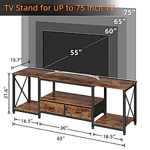 GYIIYUO TV Stand with Fabric Drawers for 65 70 75 Inches TV - Entertainment Center and Industrial TV Console Table with Open Storage Shelves for Living Room, Bedroom - 63" Rustic Brown