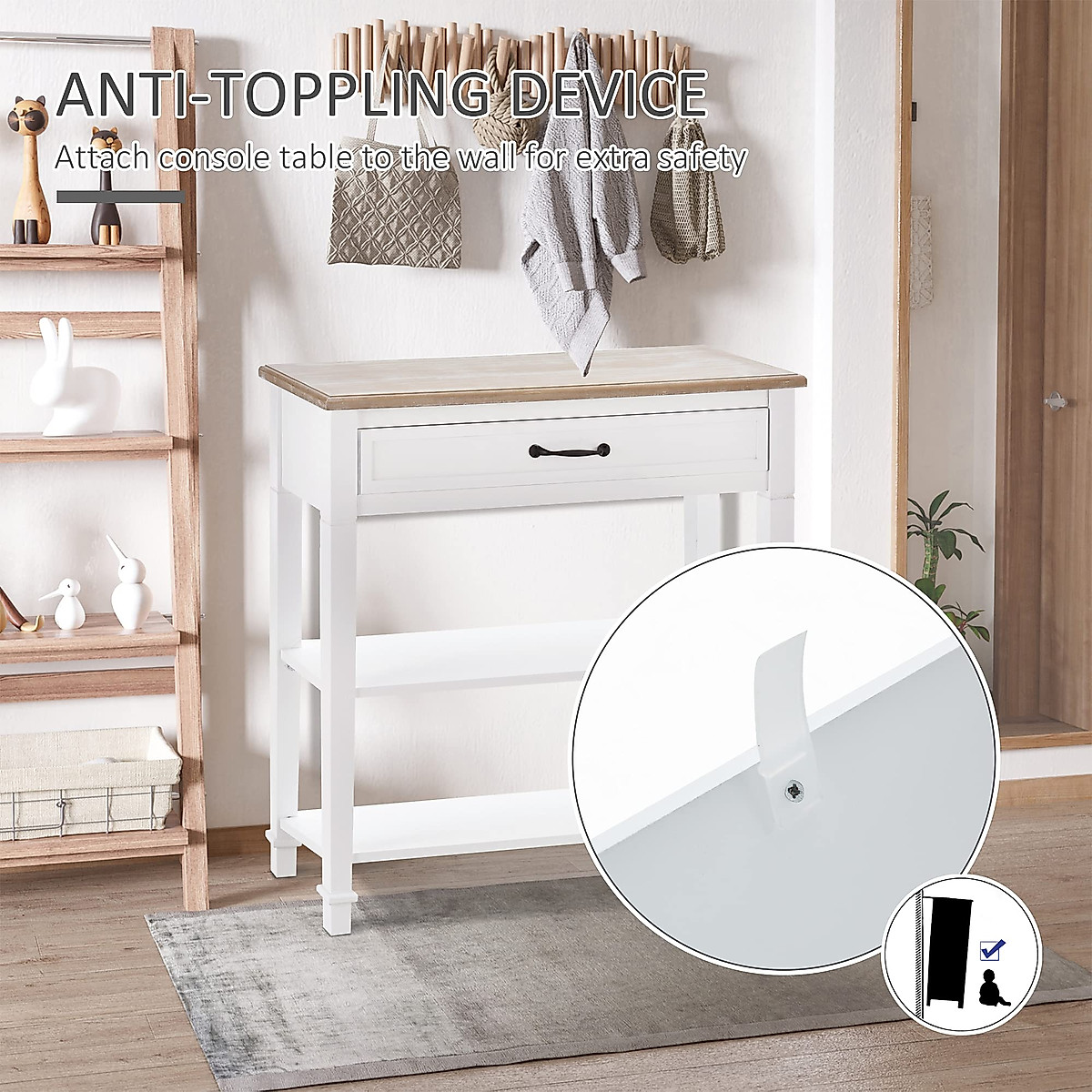 HOMCOM Modern Style Sofa Console Entry Hallway Table with Drawer and Shelves, Sturdy Build, and Large Storage, White