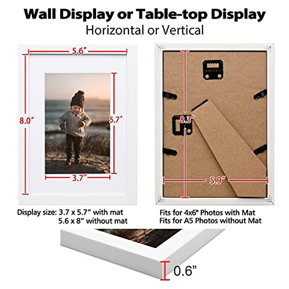 KINLINK A5 Picture Frames White, Photo Frames with Real Glass, Composite Wood Picture Frames for Tabletop and Wall Mounting Display