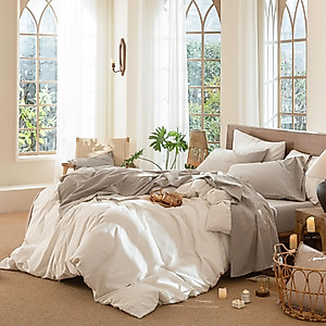 MooMee Bedding Sheet Set 100% Washed Cotton Linen Like Textured Breathable Durable Soft Comfy (Tannish Linen Grey, King)