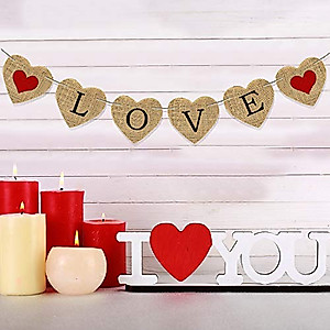 Cmaone Love Burlap Banner Valentines Day Decoration Banner Heart Shape Garland Bunting Flags for Valentines Wedding Baby Shower Anniversary Party Hanging Decorations