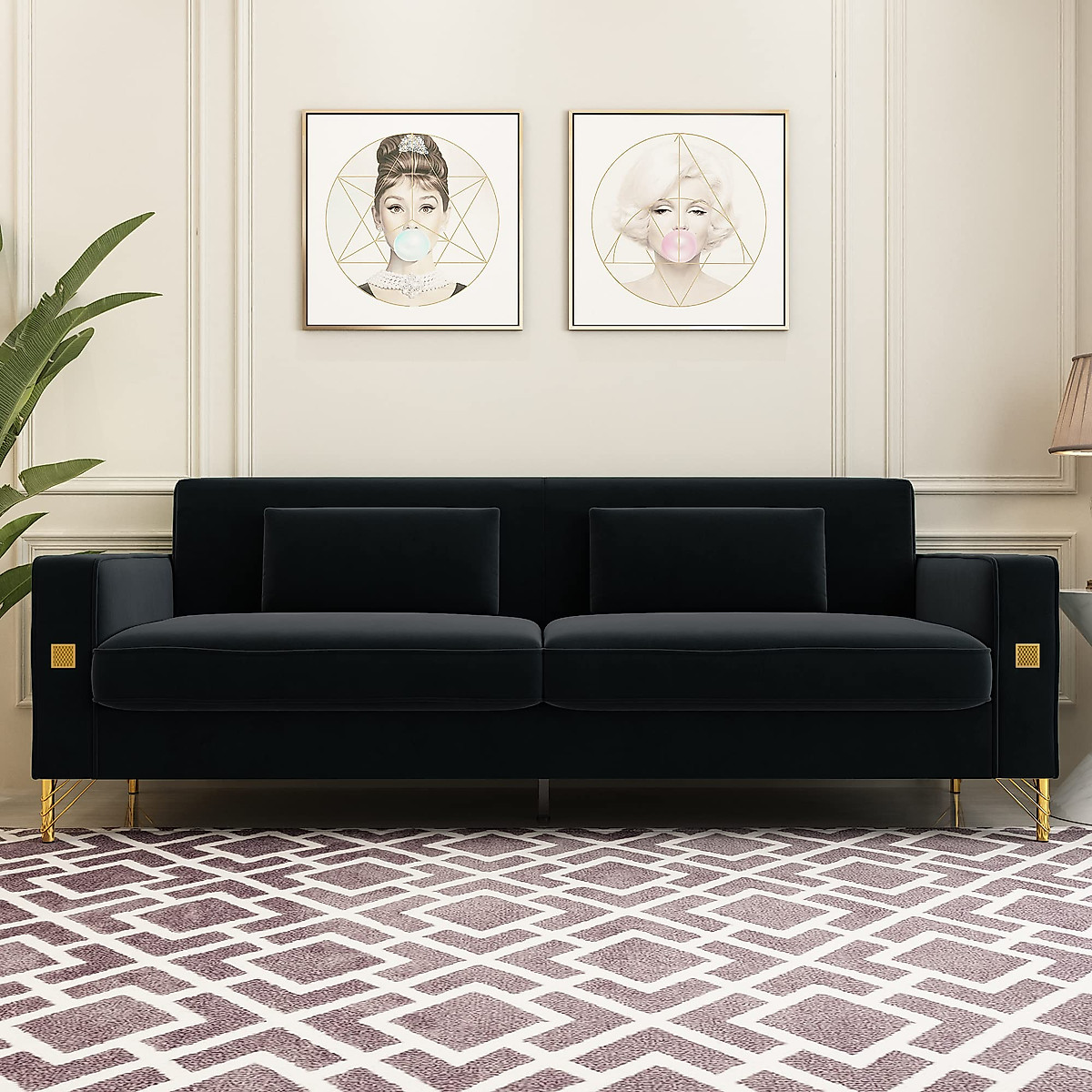 IQIAite 85" Wide Velvet Loveseat Sofa Mid Century Modern Comfy 3 Seat Couch Black Tufted Love Seat Sofas with 2 Pillows Gold Legs for Living Room Office Apartment Furniture Solid Wood Frame