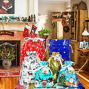 HRX Package Holiday Gift Wrapping Bags Drawstring, 15pcs Christmas Foil Sacks Pouches with Gift Tag for Xmas Presents Party Favor