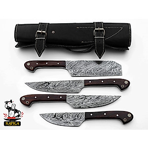 Sapra Hand Forged Custom Made Damascus Steel 4 Pcs Outdoor BBQ Professional Utility knives chef knife set for kitchen with Handmade Leather Roll Bag P-2090-R-KCS