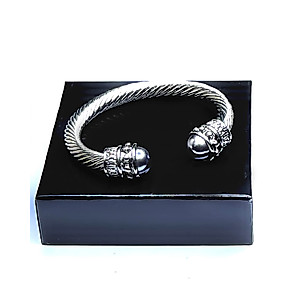 Woke Creations Grand Silver Plated Twisted Cable Bangle Cuff Bracelet Black Pearl Statement Accents