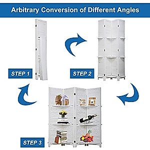 Tyyps 4 Panel 6 Ft Tall Wood Room Divider Folding Portable Privacy Wooden Screen Partition Wall Indoor/Outdoor Folding Screen w/Removable 3 Display Shelves Wooden Partitions for Home Office, White