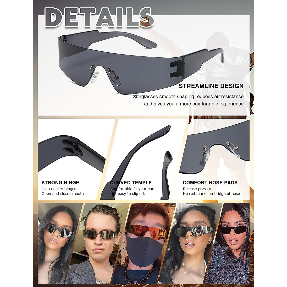 MASDUN Trendy Rimless Futuristic Wrap Around Sunglasses Women Men,Cyberpunk Visor Sunglasses Shades Fashion Eyeglasses (Black/Silver/Blue)