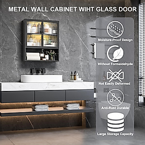 OSEILLC Bathroom Wall Cabinet, Metal Bathroom Wall Cabinet with Glass Doors and Lights, Black Bathroom Storage Cabinet, Over The Toilet Cabinet, Bathroom Medicine Cabinets